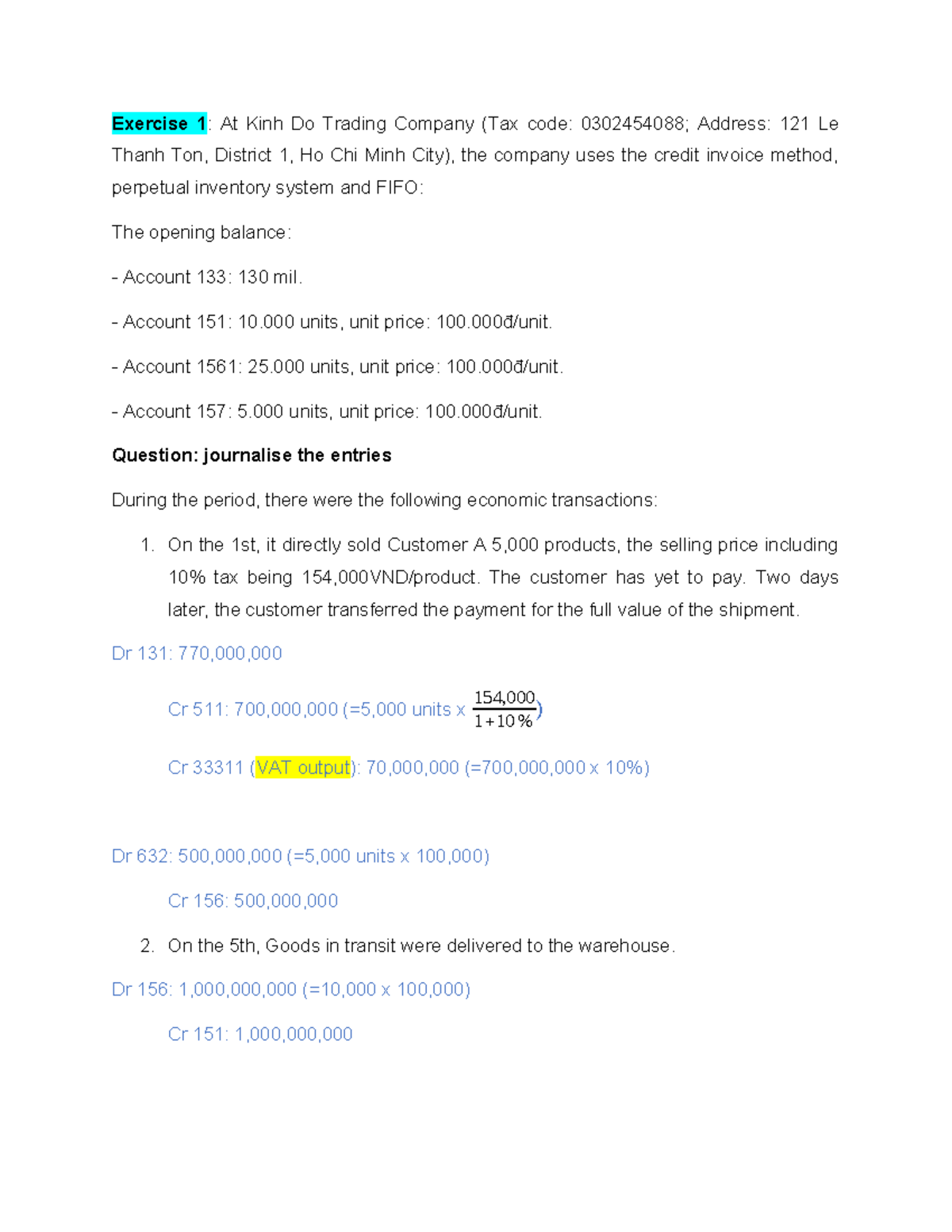C1 - VAT Exercises: Journal Entries for Trading Companies - Studocu