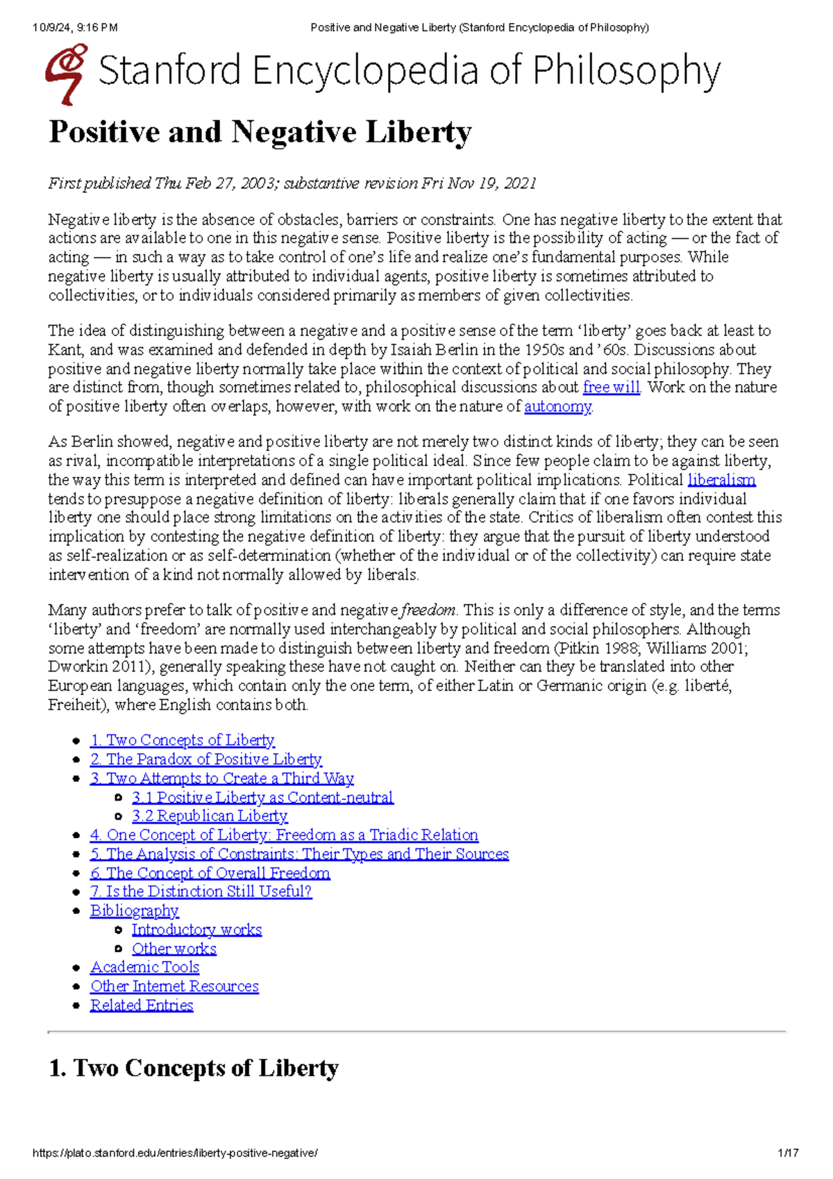 Positive and Negative Liberty (Stanford Encyclopedia of Philosophy ...