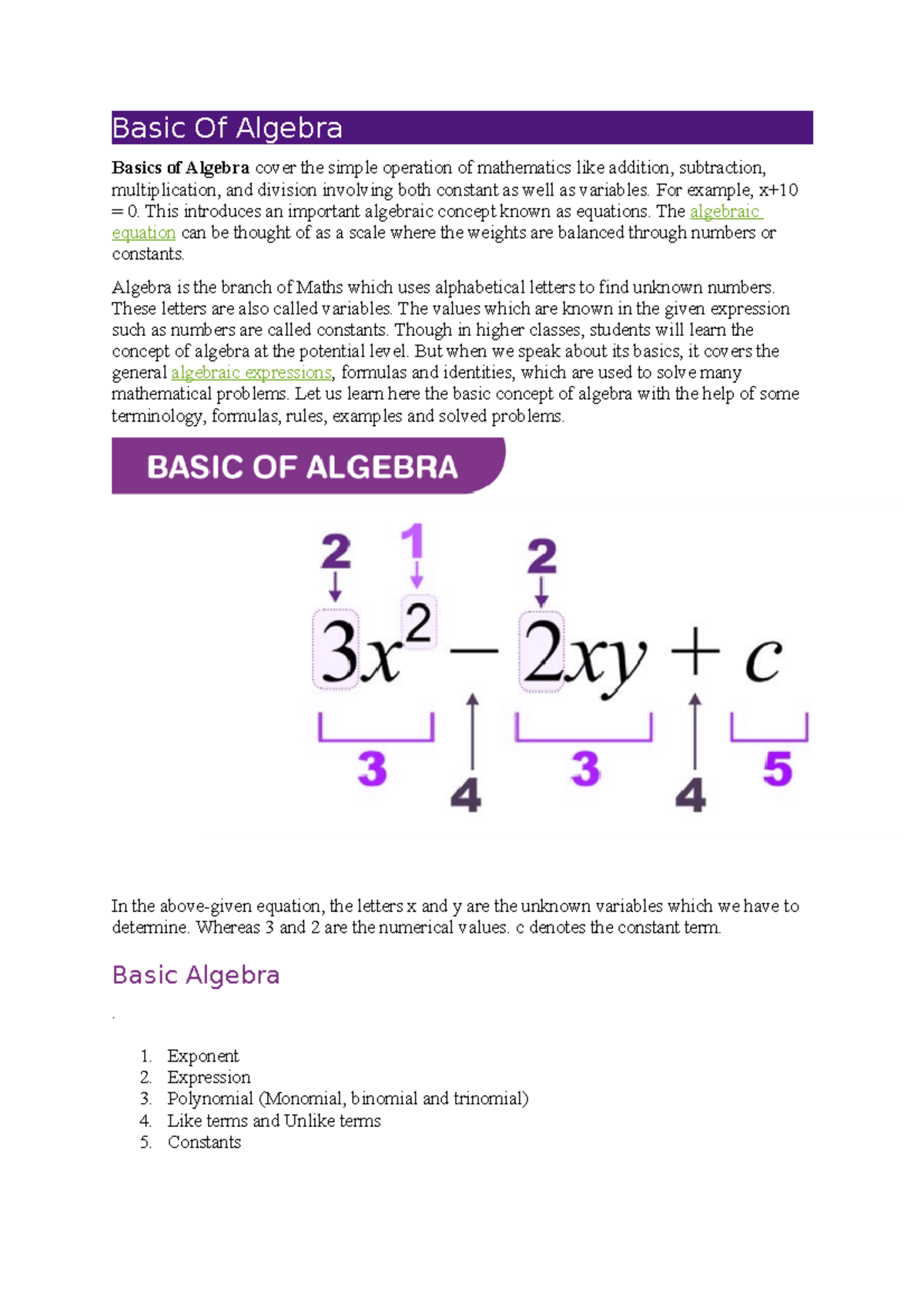 Basic Of Algebra - Basic Of Algebra Basics of Algebra cover the simple ...