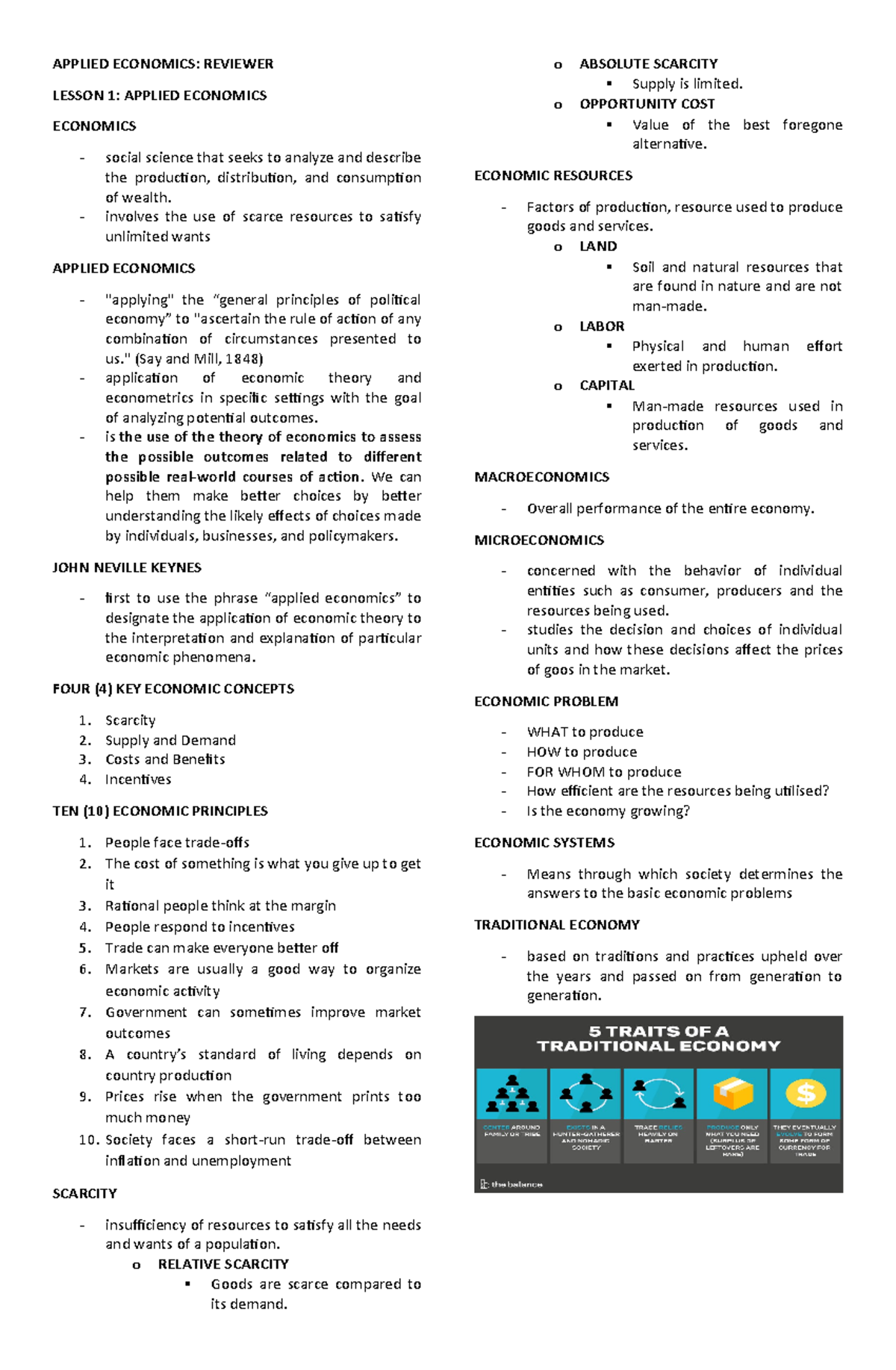 APPLIED ECONOMICS: LESSON 1 REVIEWER ON ECONOMIC PRINCIPLES - Studocu