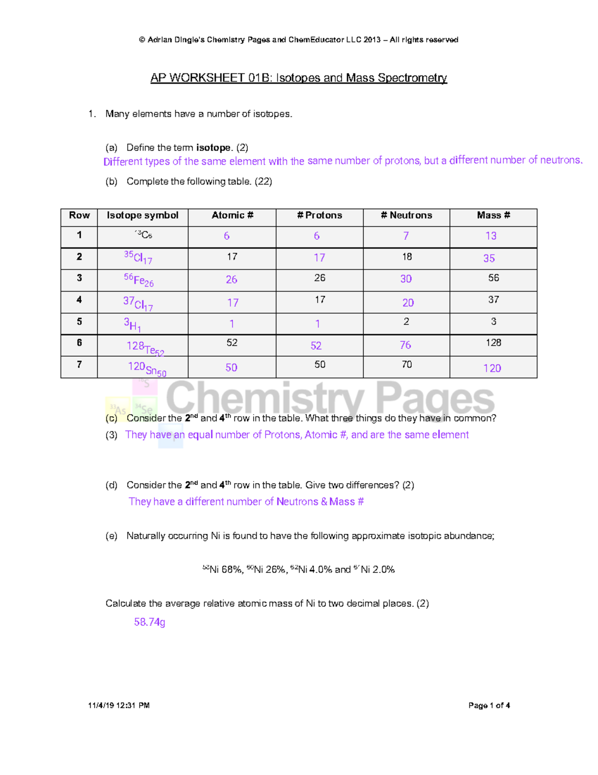 AP 01B: Isotopes & Mass Spectrometry Practice Worksheet - Studocu