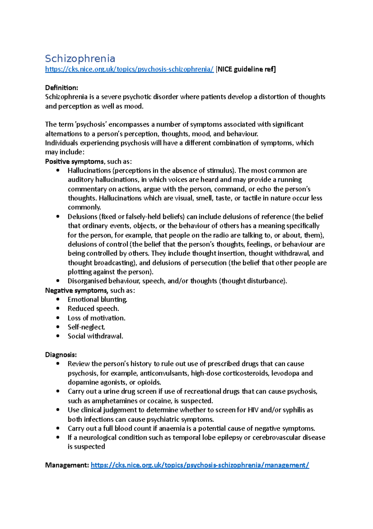 Schizophrenia - revision notes - Schizophrenia cks.nice.org/topics ...