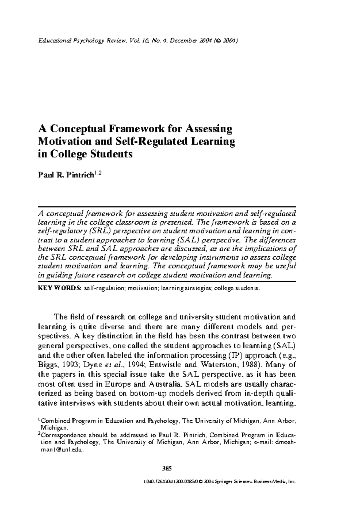 Pintrich, P. (2004) Conceptual Framework for Assessing Motivation & SRL ...