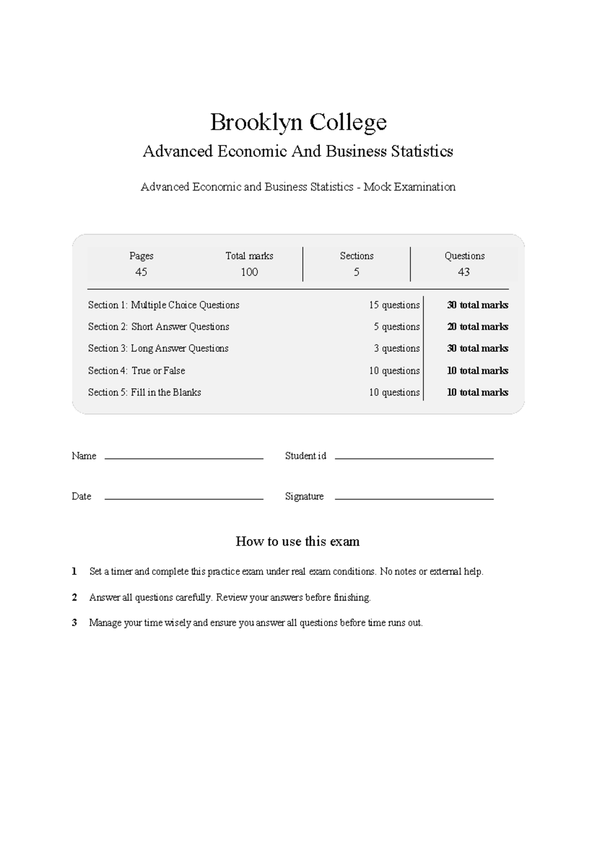 ECON 4400W Advanced Economic & Business Stats Mock Exam 2026 - Studocu