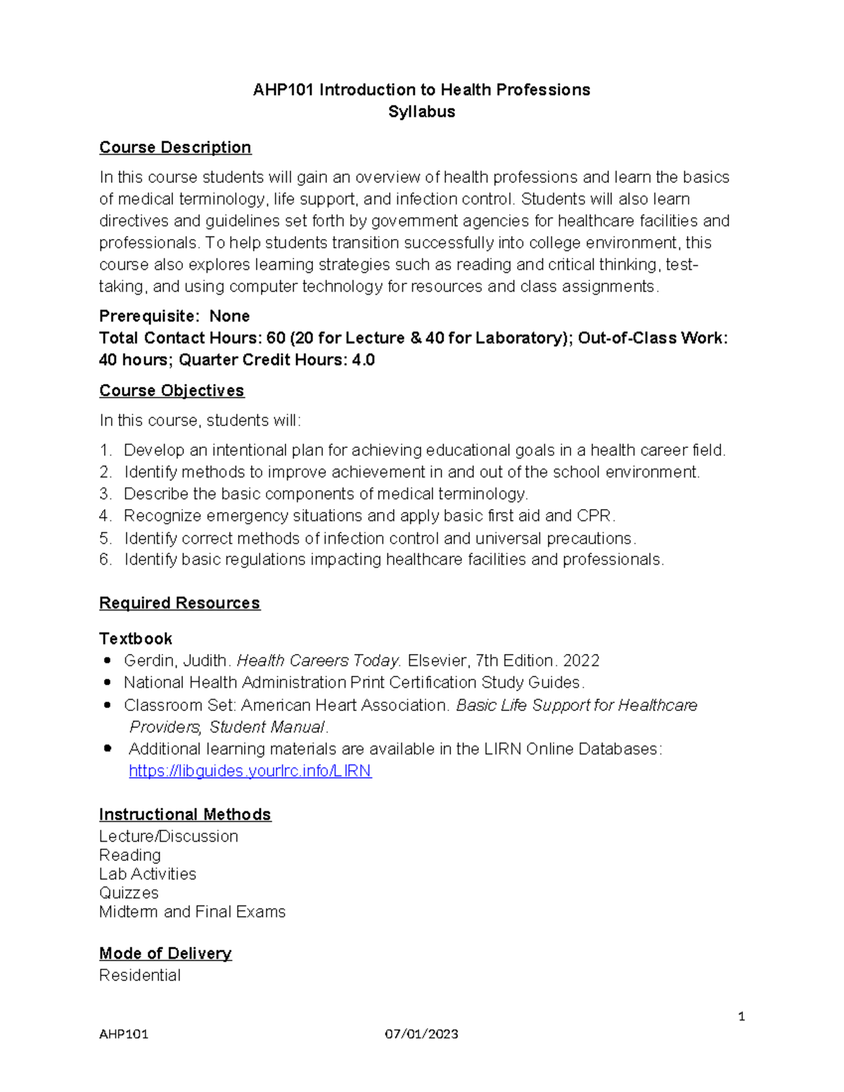 AHP101 Syllabus: Introduction to Health Professions Course Overview ...