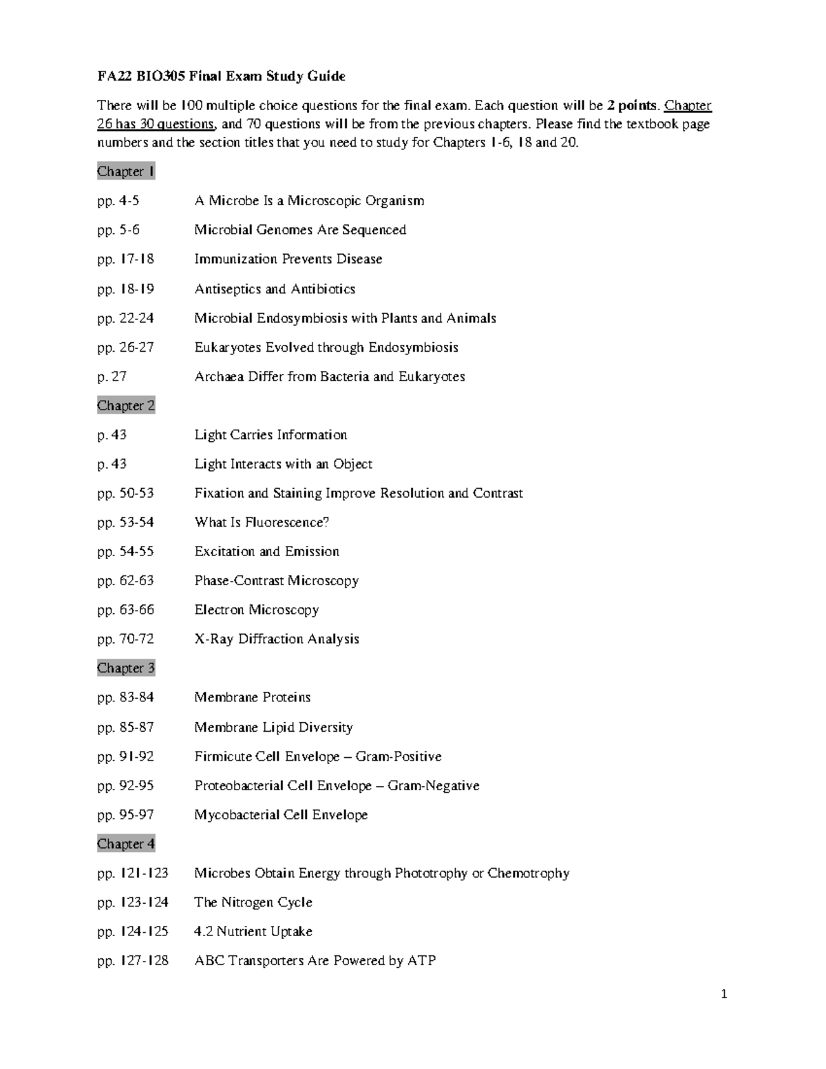 FA22 BIO305 Final Exam Study Guide: Key Topics and Chapters - Studocu