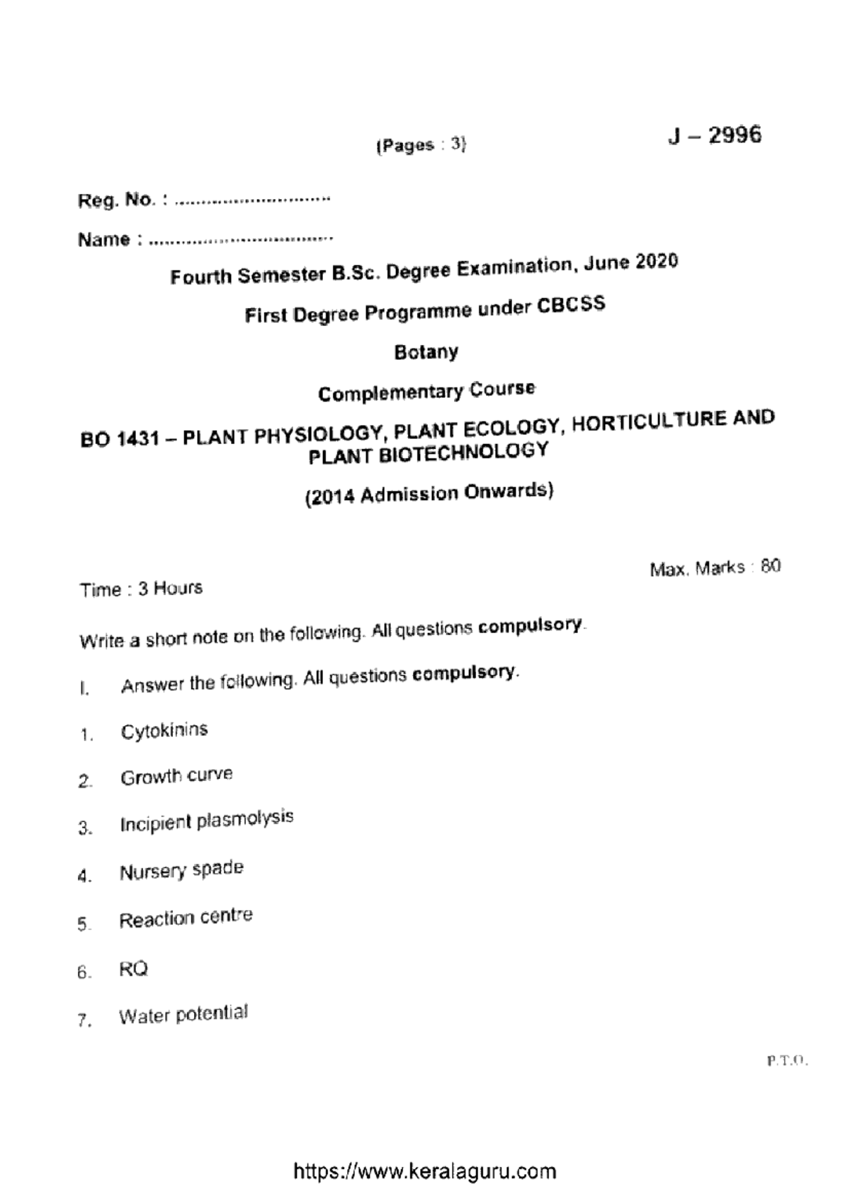 B.Sc. 4th Sem Botany Exam J 2996: Plant Physiology & Ecology Notes ...