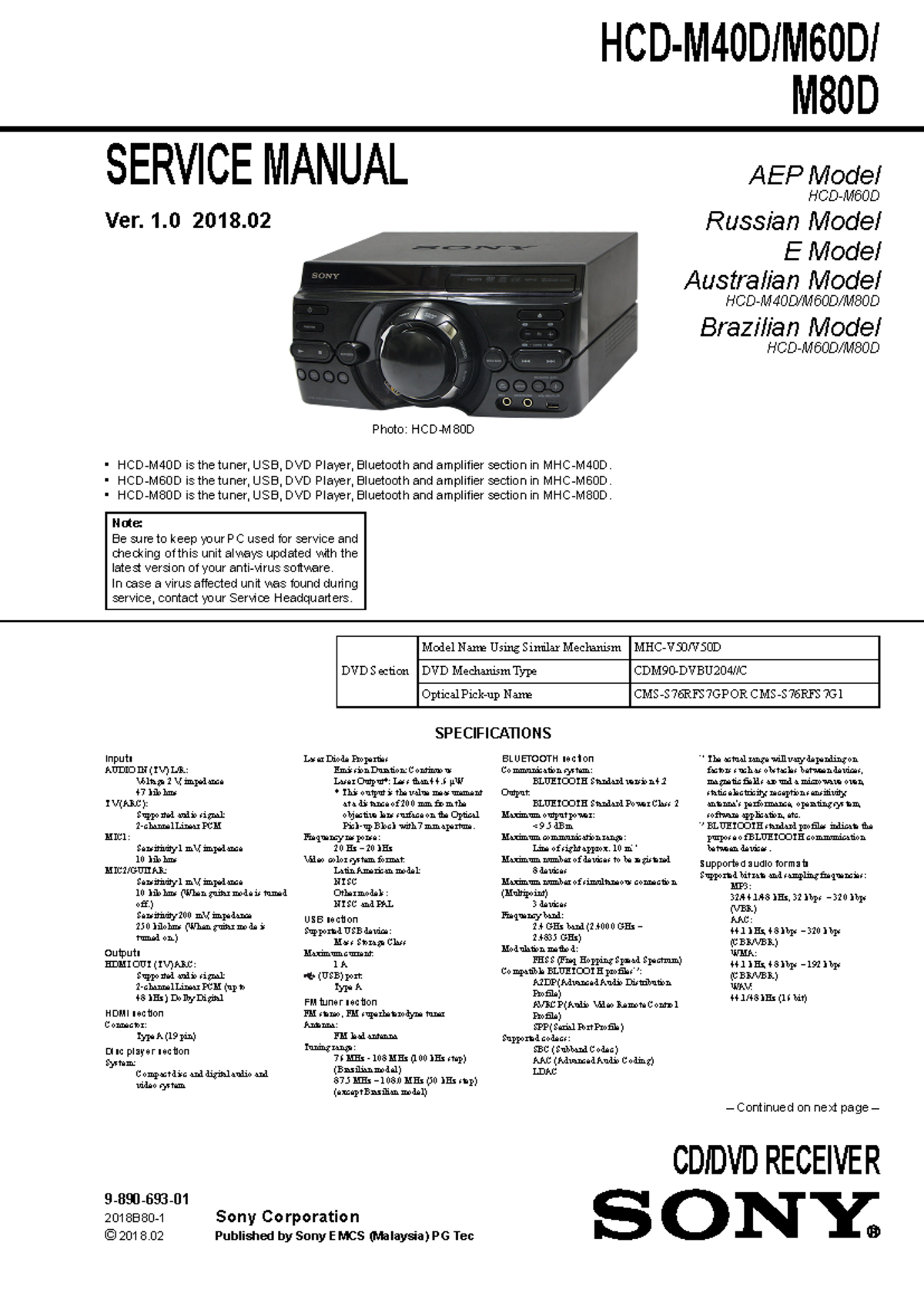 Sony HCD-M40D, HCD-M60D, and HCD-M80D Service Manual - Studocu