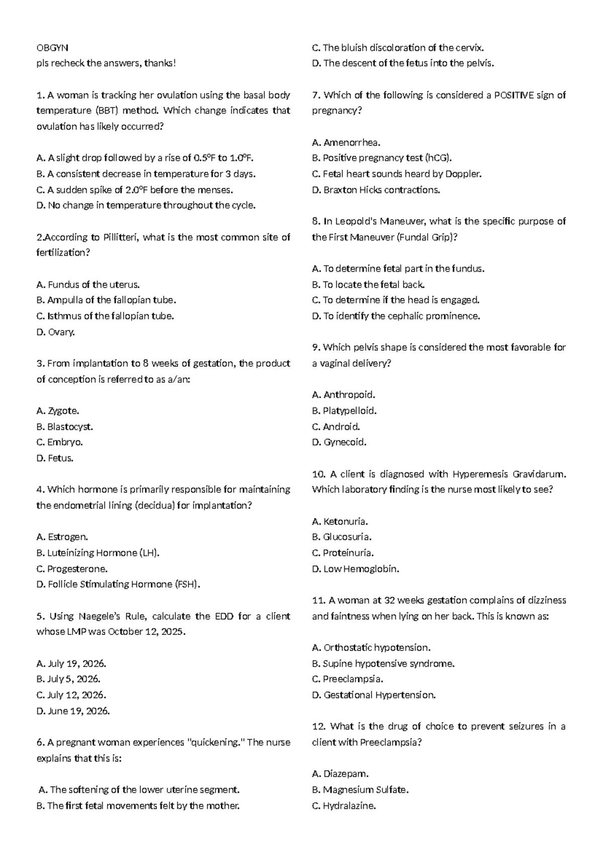 OBGYN - Practice Questions for Exam Preparation - Studocu