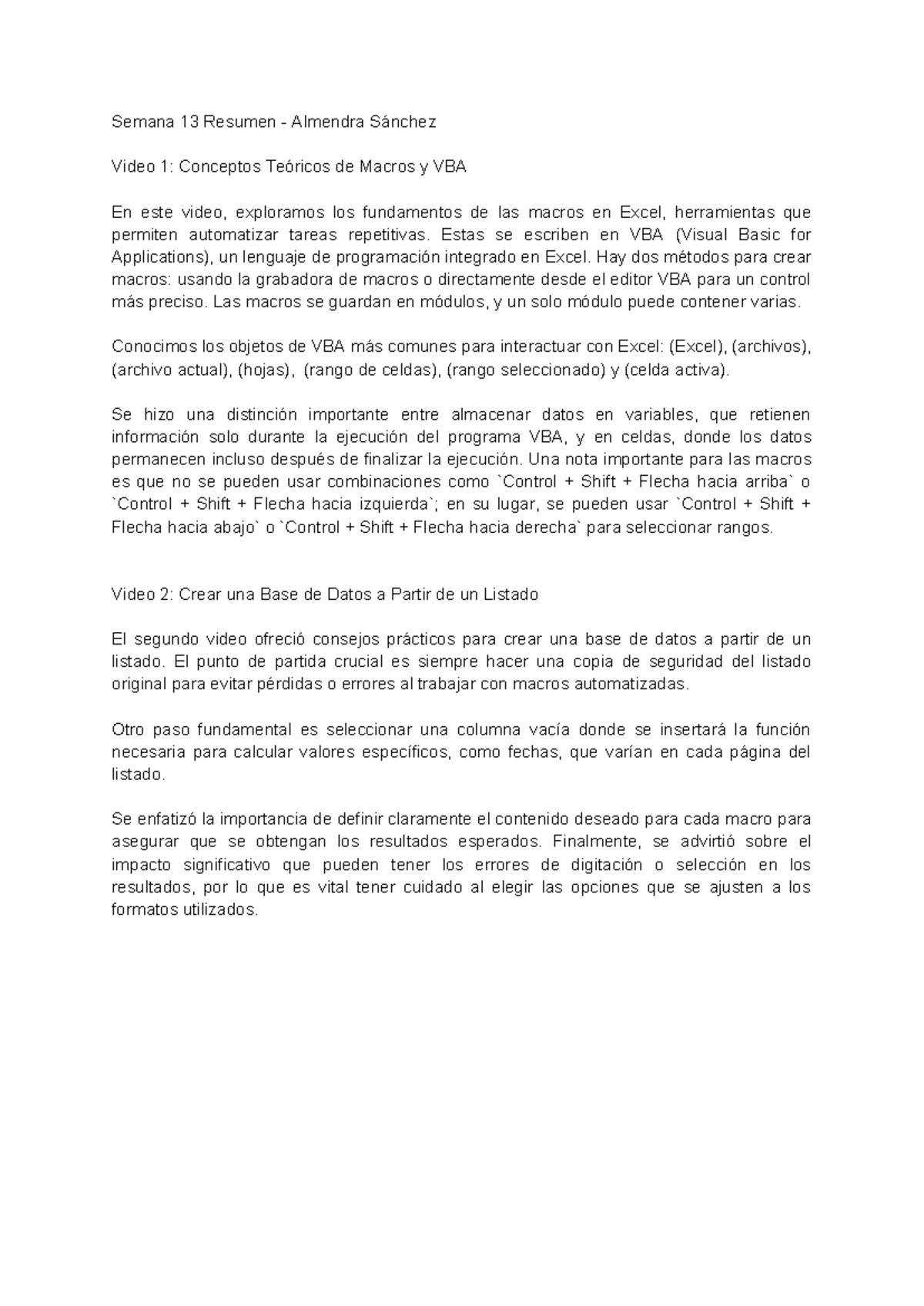 Semana 13: Resumen de Conceptos de Macros y VBA en Excel - Studocu