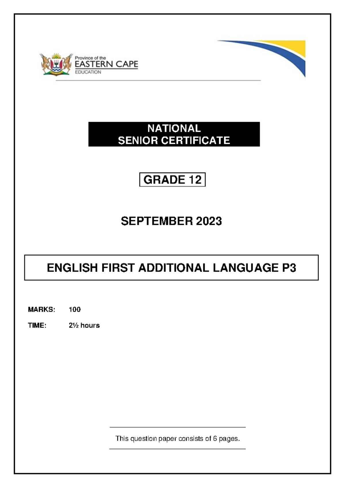 English FAL P3 Grade 12 September 2023 Question Paper - Studocu
