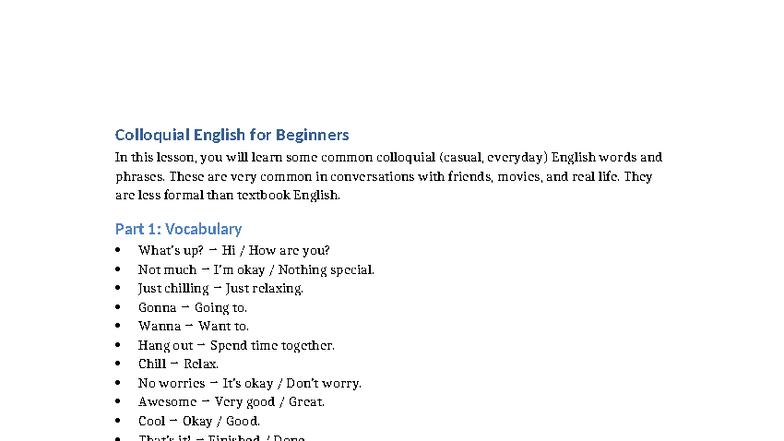 Colloquial English for Beginners: Lesson on Common Phrases - Studocu