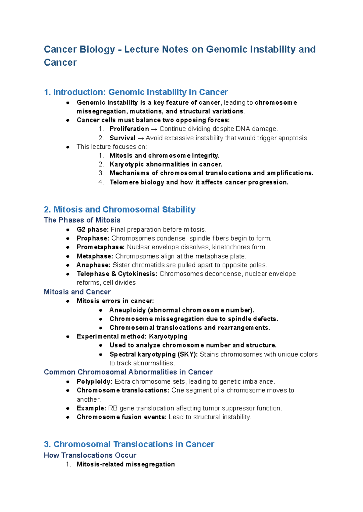 Cancer Biology - Lecture Notes: Genomic Instability & Cancer Mechanisms ...