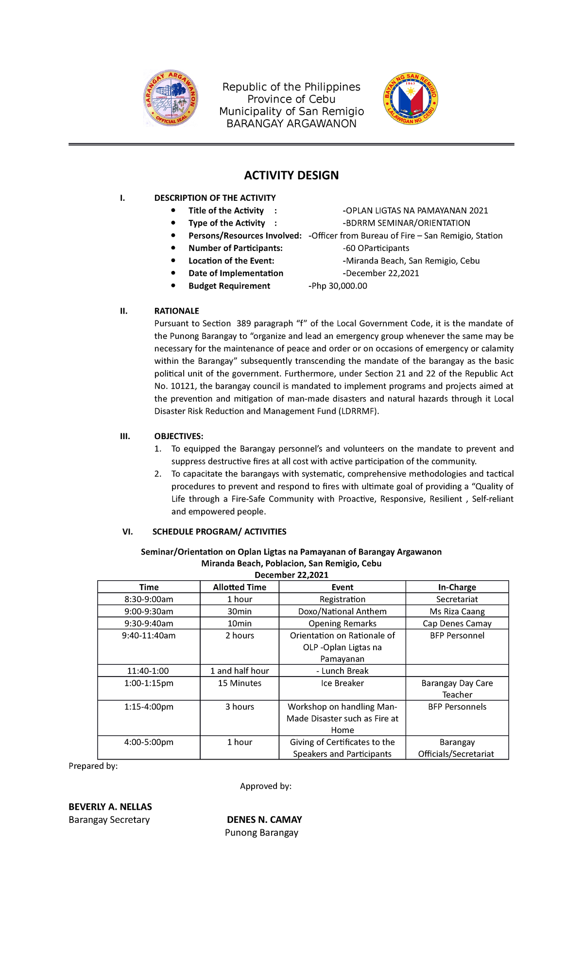 Bdrrm Activity Design - Republic of the Philippines Province of Cebu ...
