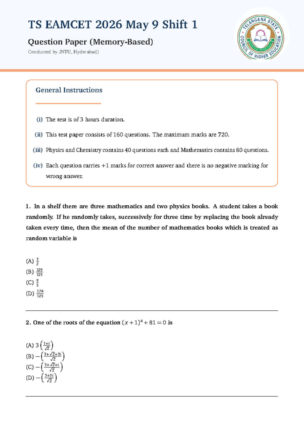 TS EAMCET 2026 May 9 Shift 1 Engineering Question Paper - Studocu
