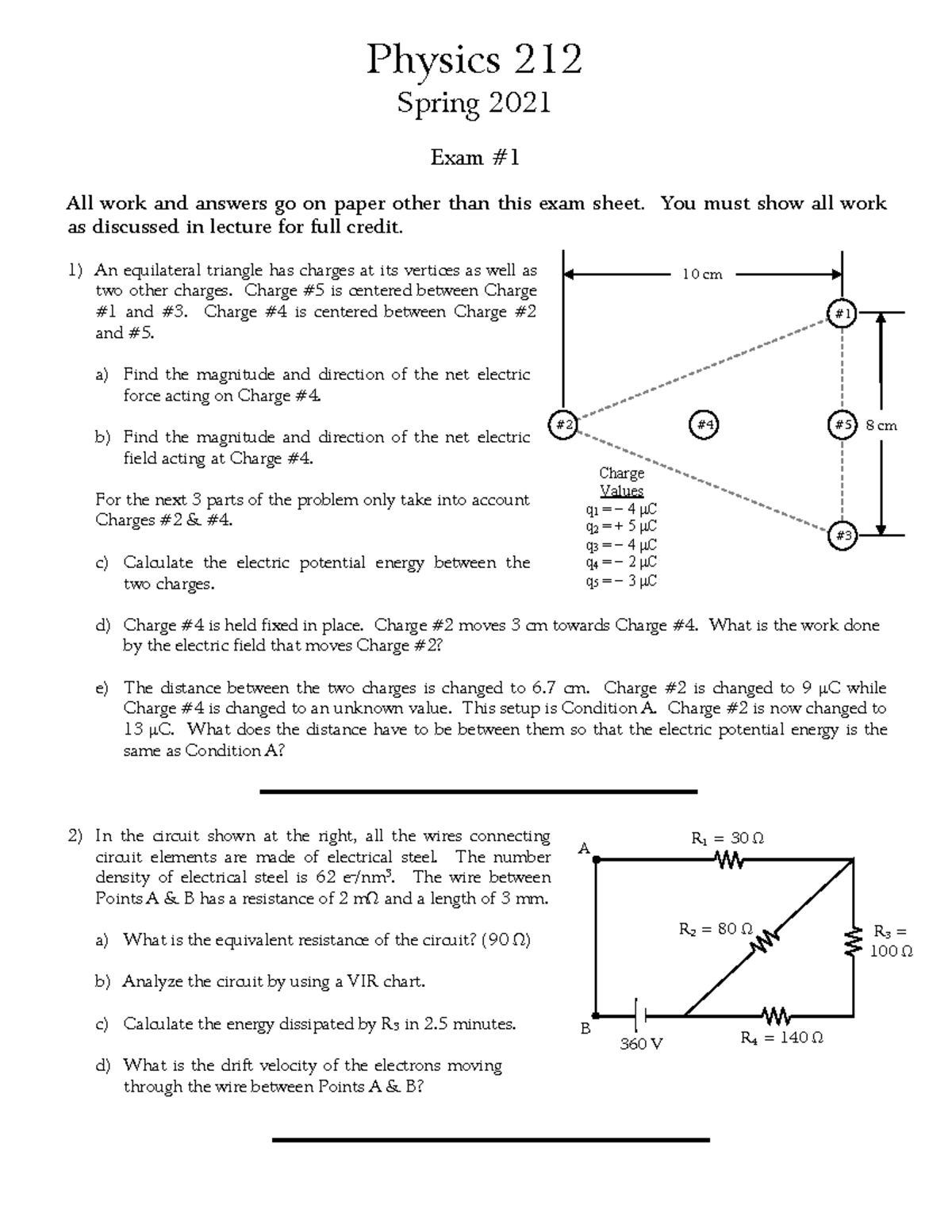 Physics 212 - Spring 2021 Exam: Electric Forces & Circuit Analysis ...