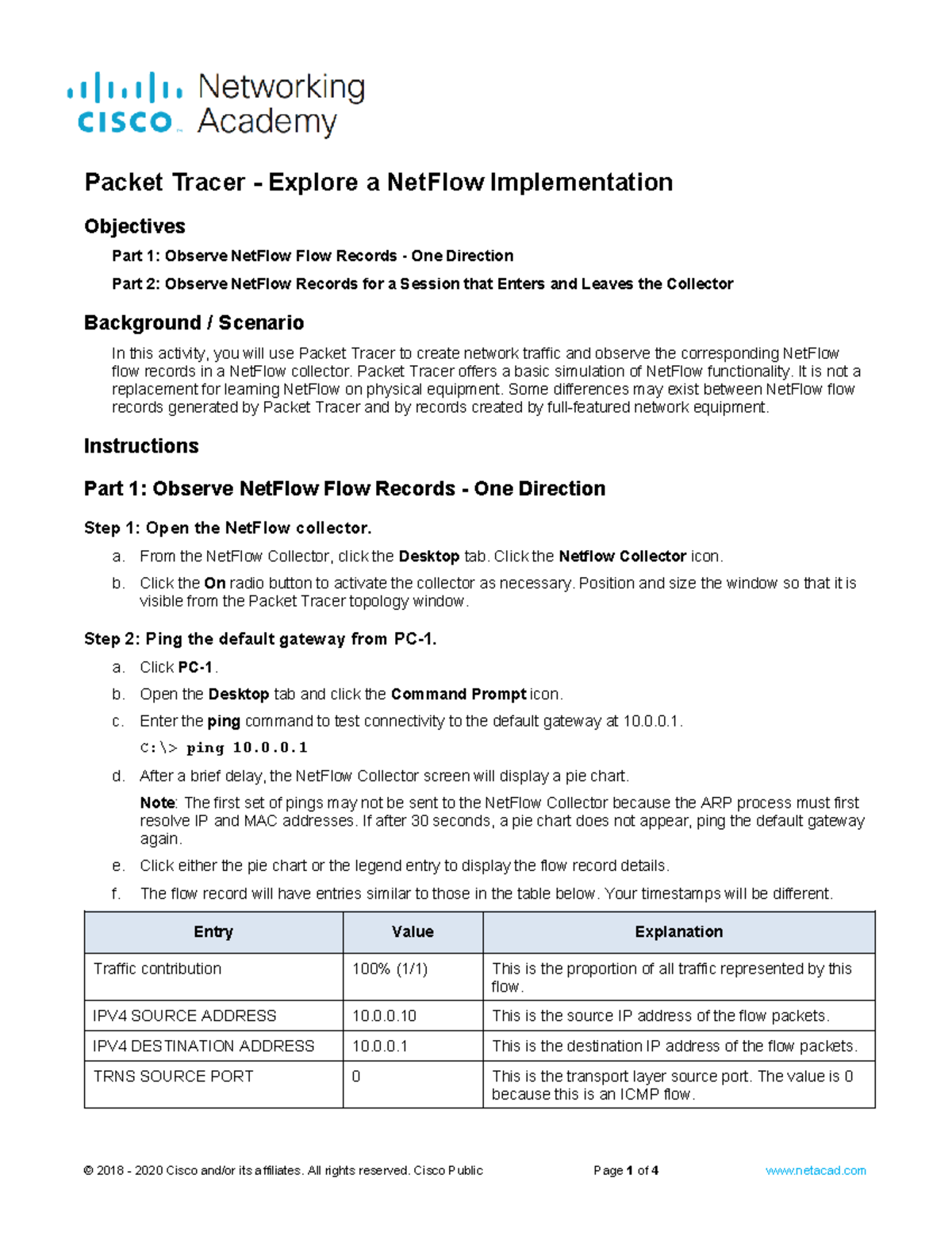 25.3.10 Packet Tracer - Explore a Net Flow Implementation - Objectives ...