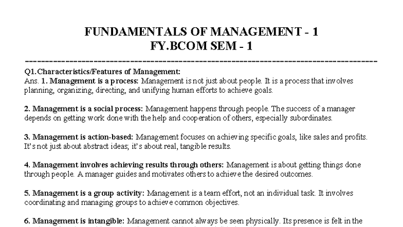 FUNDAMENTALS OF MANAGEMENT 1 FY.BCOM SEM 1: Key Concepts and Functions ...