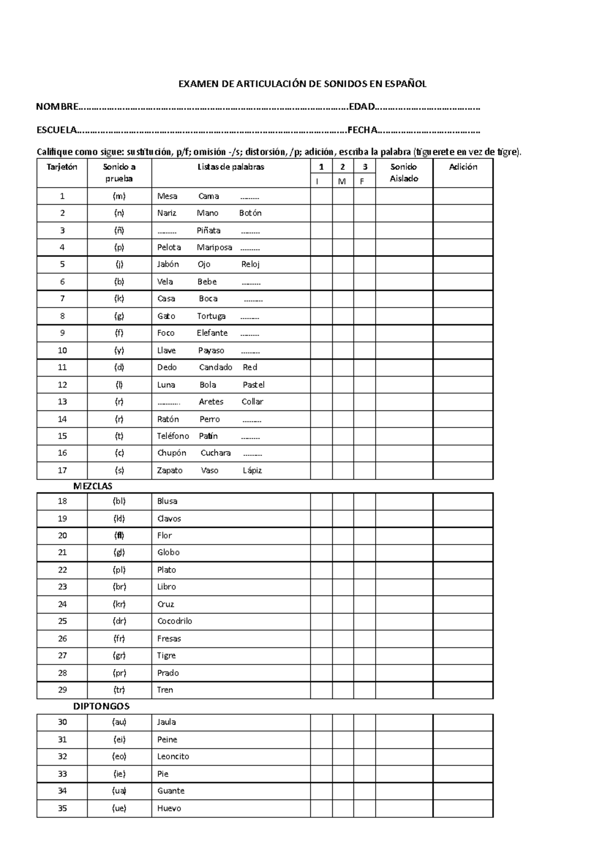 Examen DE Articulación DE Sonidos EN Español - EXAMEN DE ARTICULACIÓN ...
