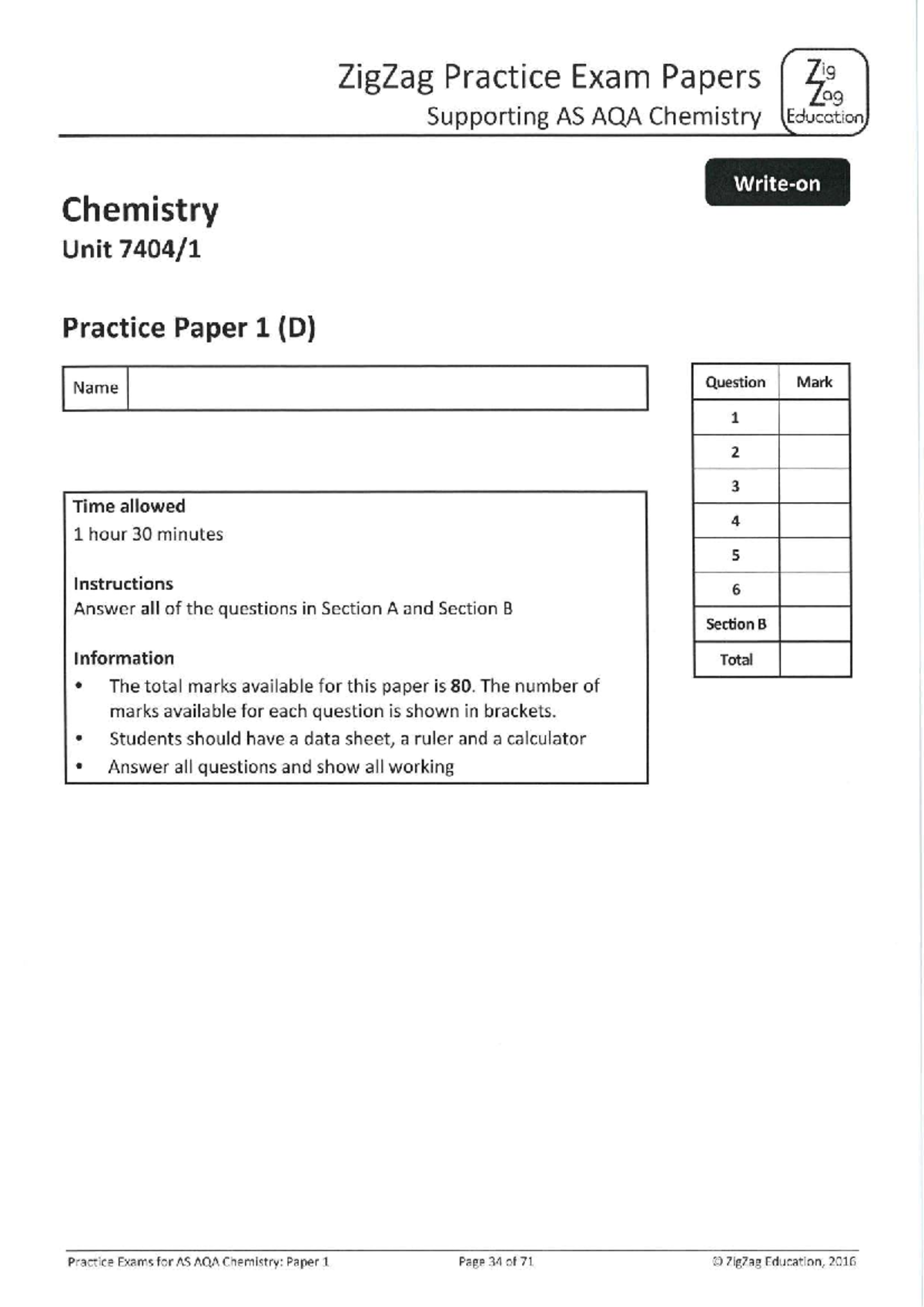 AS AQA Chemistry Practice Exam Paper 1D - ZigZag Education - Studocu