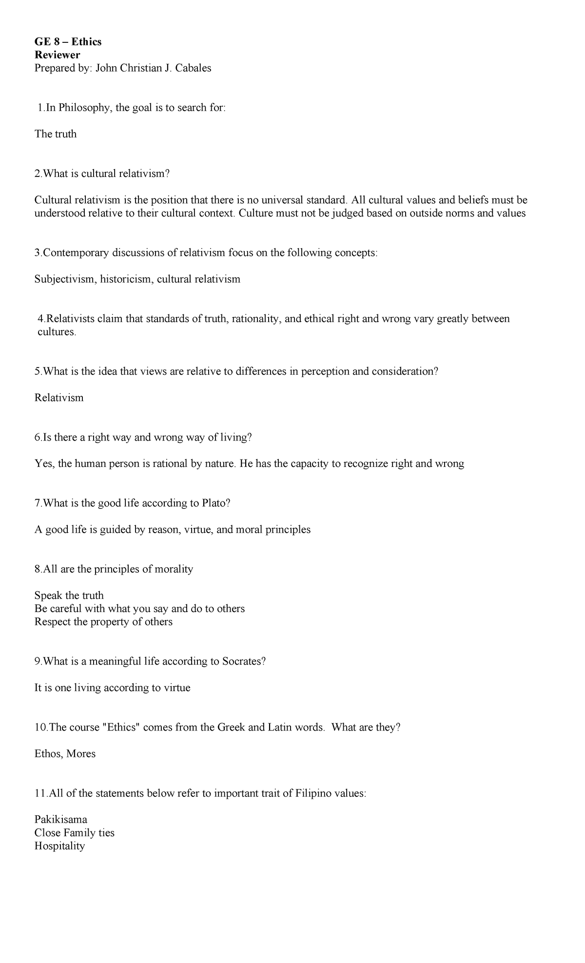 GE 8 Ethics Reviewer: Key Concepts and Philosophical Insights - Studocu