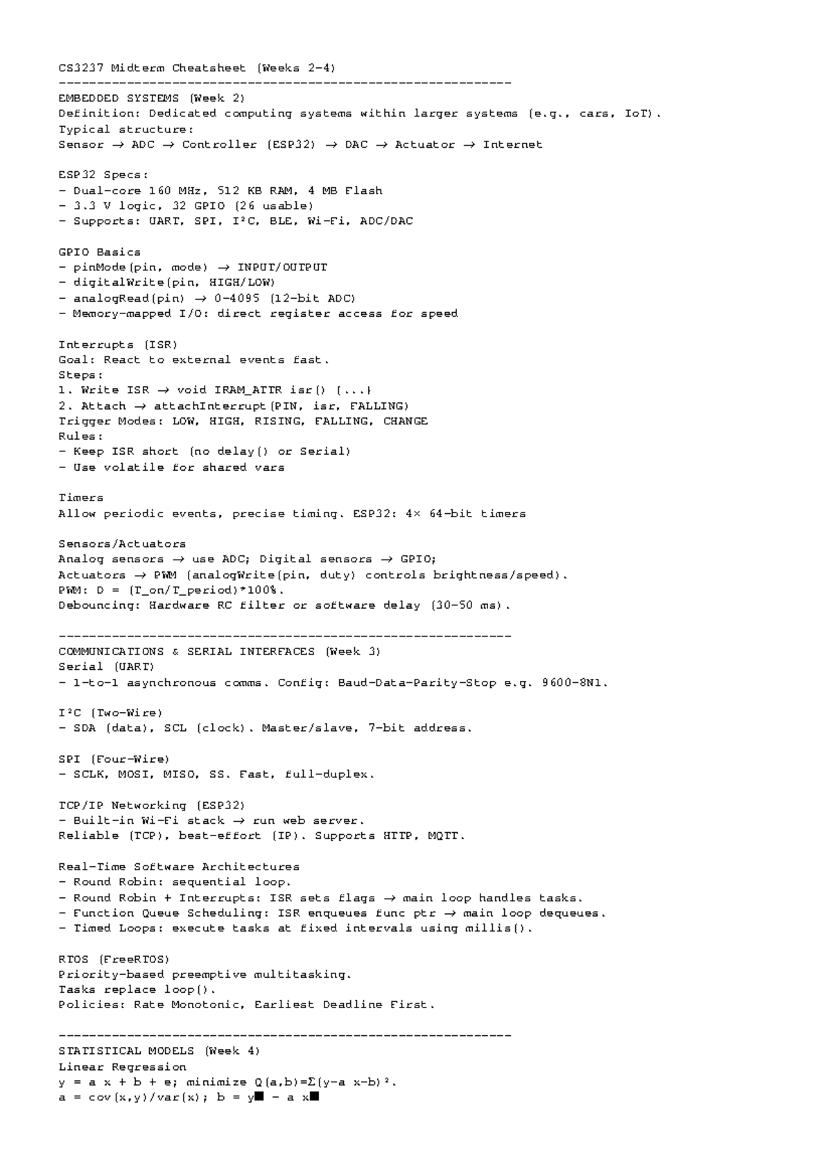 CS3237 Midterm Cheatsheet: Systems, Serial Interfaces & Models - Studocu