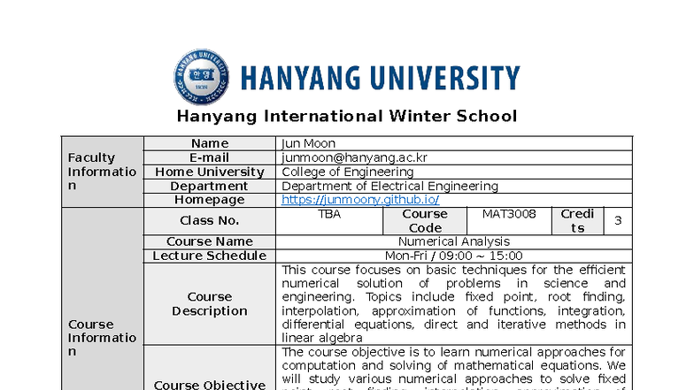 Numerical Analysis Course MAT3008 Lecture Notes by Jun Moon - Studocu