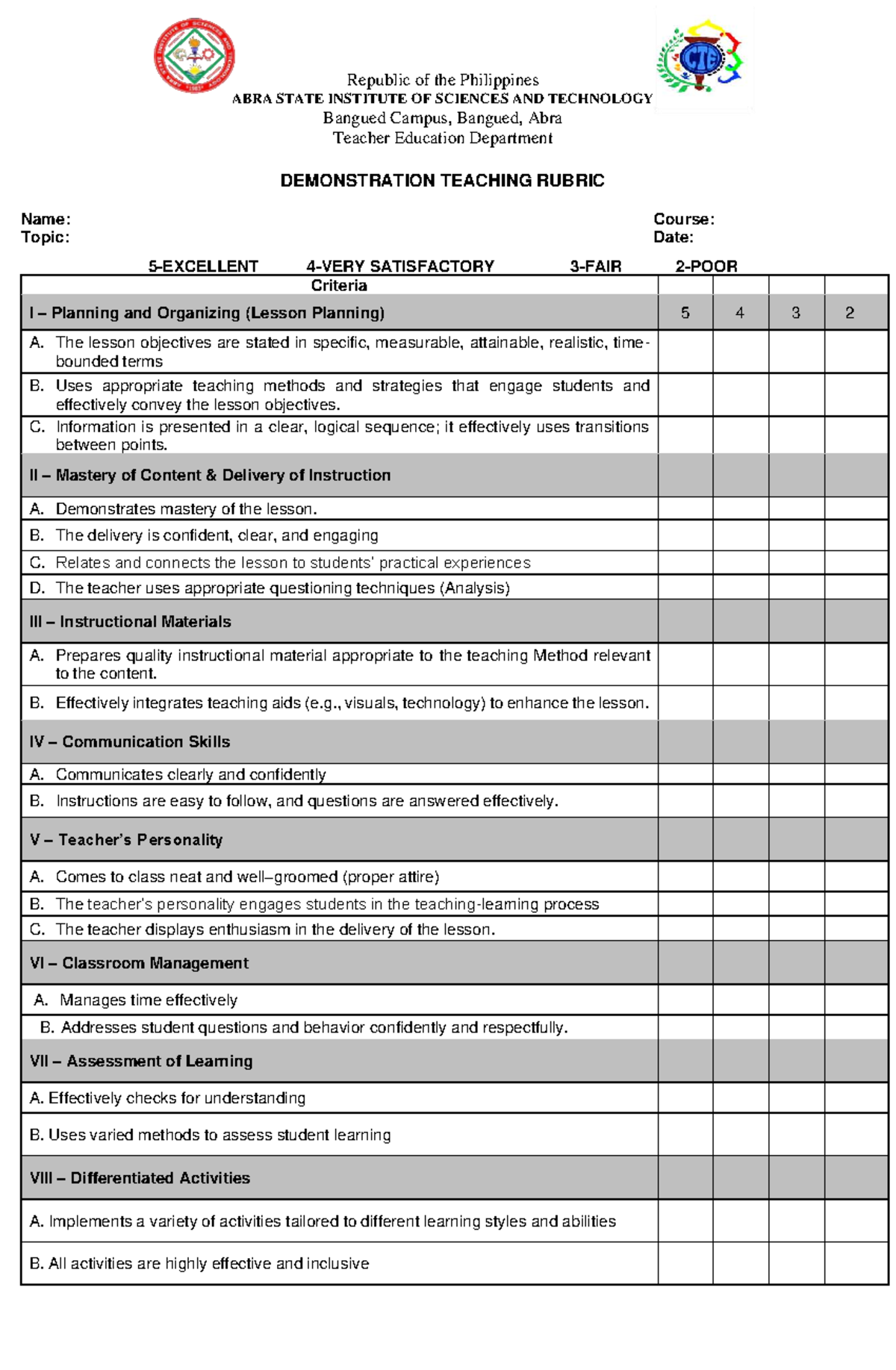Demo Teaching Rubric - Teacher Education Dept. - Studocu