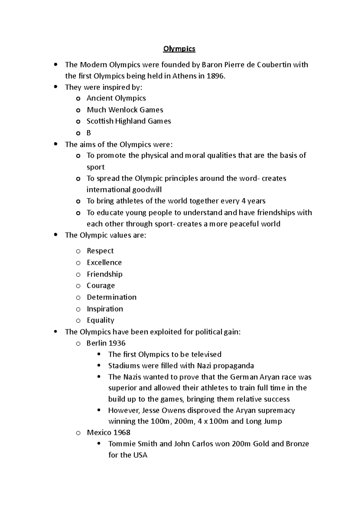 Olympics Overview and Historical Impact Notes PE - Studocu