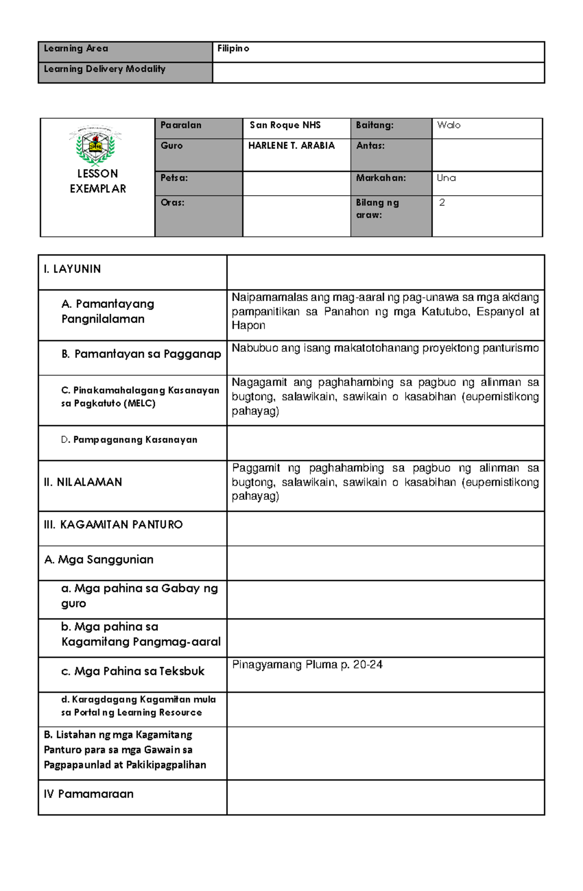 Paghahambing sa Karunungang-Bayan: Filipino 8 Lesson Plan - Studocu