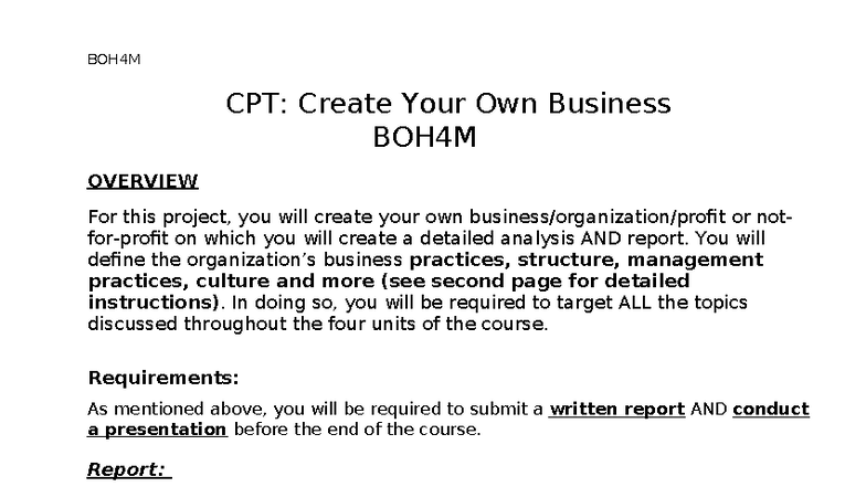 BOH4M Summative Assignment: Create Your Own Business Analysis - Studocu
