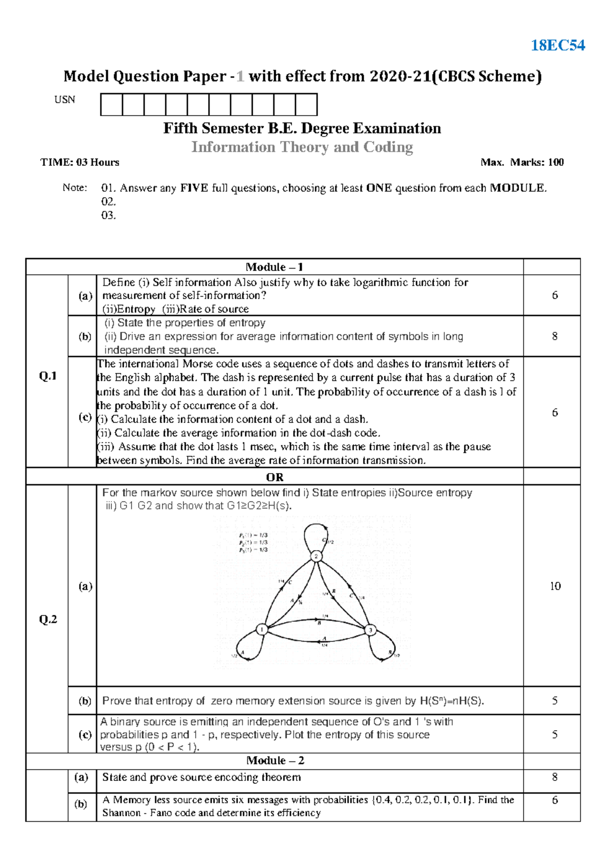 18EC54 - Model Question Paper - 1 with effect from 2020 - 21 (CBCS ...