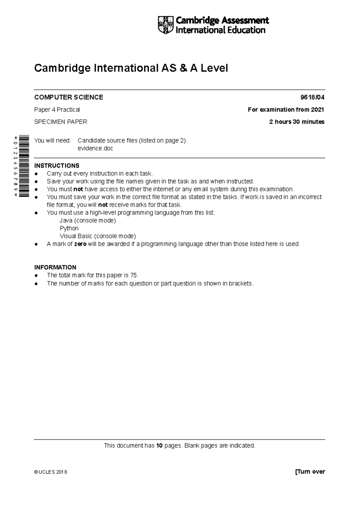 Computer Science 9618/04 - Practical Exam Specimen Paper (2021) - Studocu