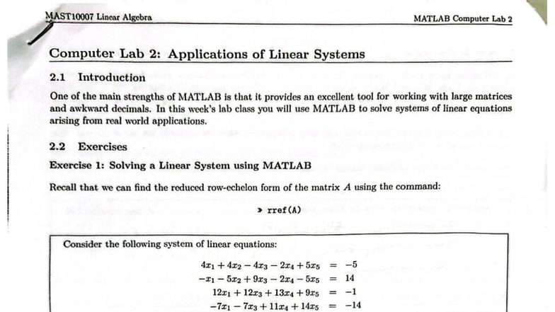 Linear Algebra MATLAB Lab 2: Solving Linear Systems Exercises - Studocu