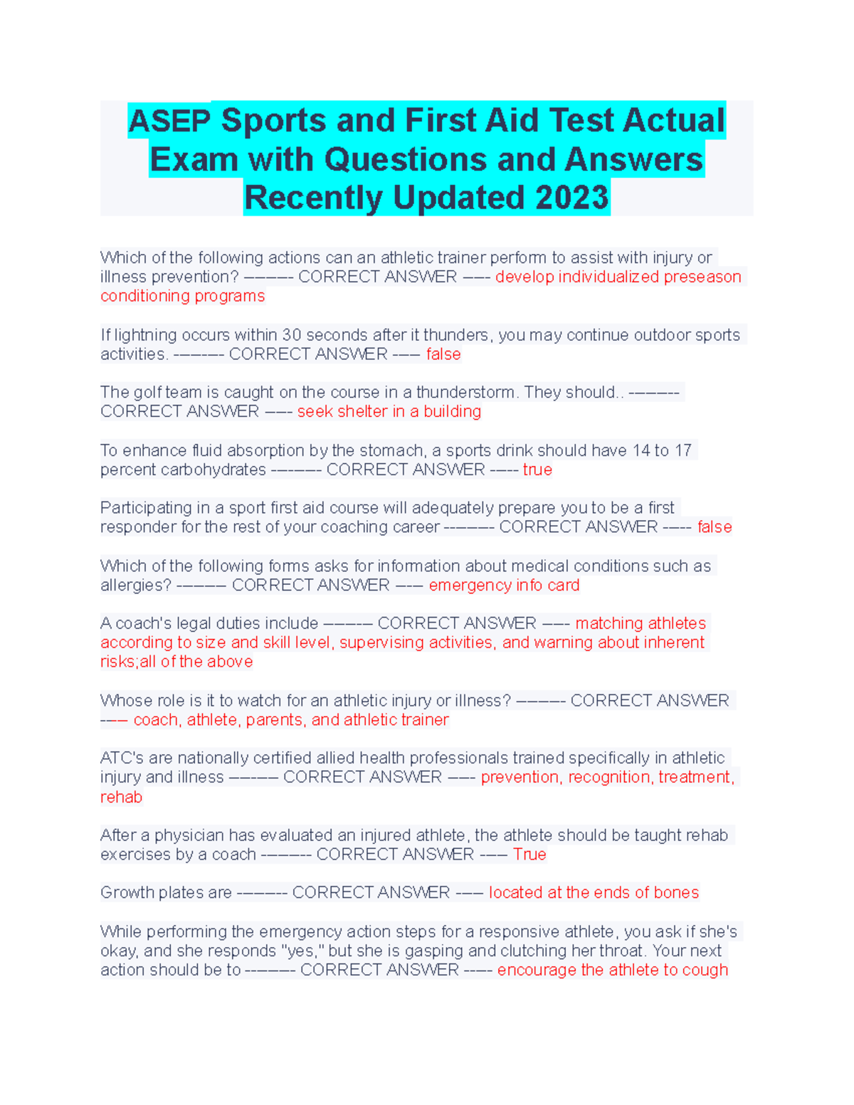 ASEP Sports and First Aid Test: Updated Questions & Answers 2023 - Studocu