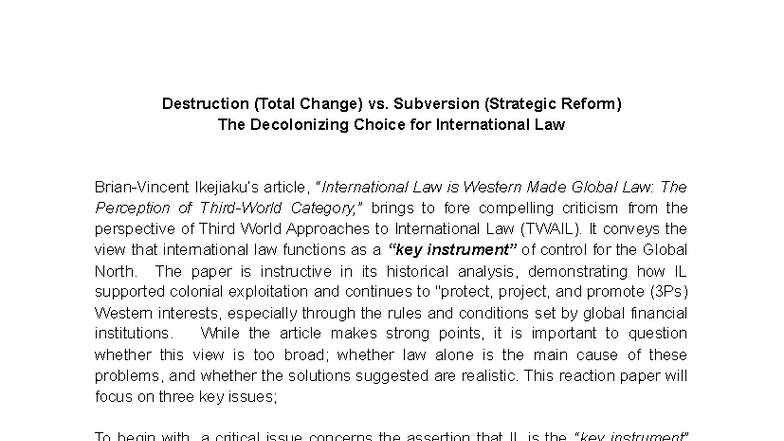 TWAIL Perspectives: Destruction vs. Subversion in Intl. Law - Studocu