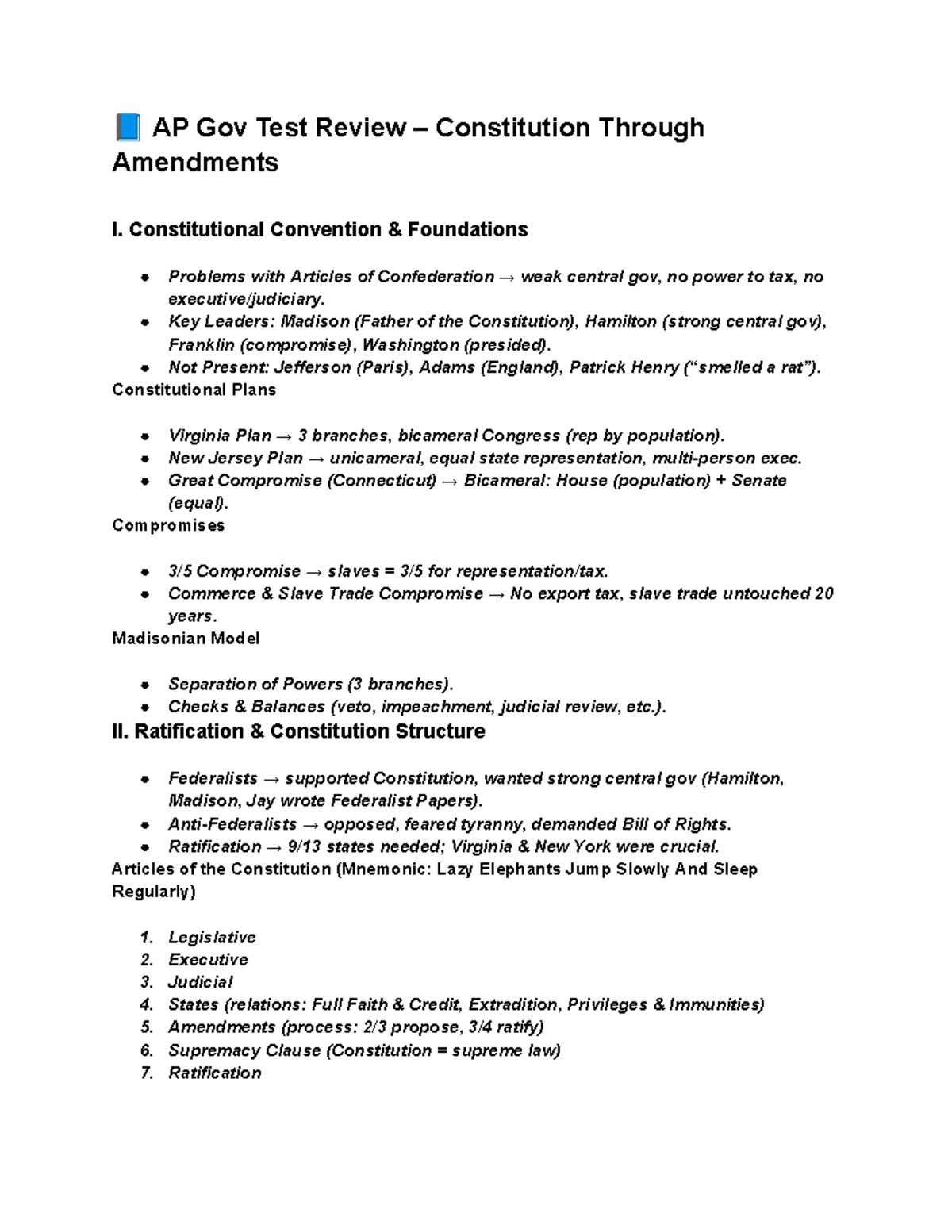 AP Gov Final Exam Review: Constitution & Amendments Overview - Studocu