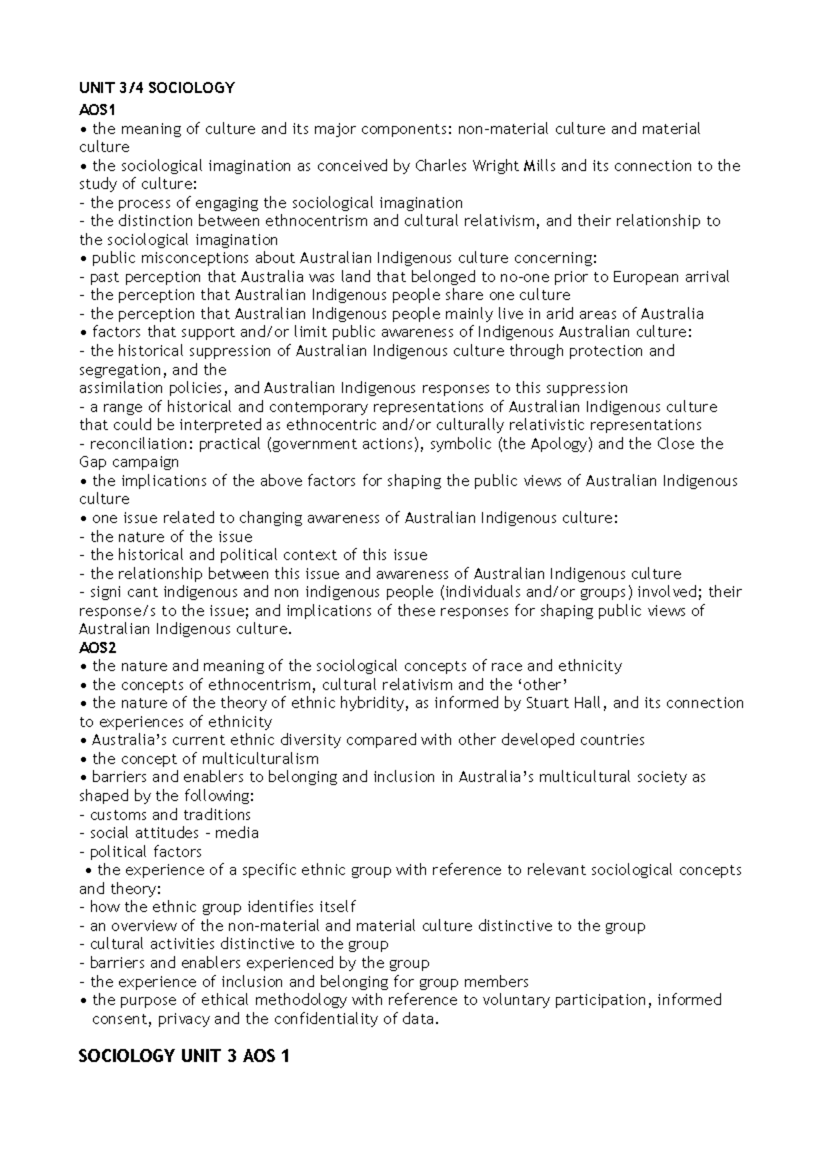 Sociology UNIT 3 4 Notes - UNIT 3/4 SOCIOLOGY AOS the meaning of ...