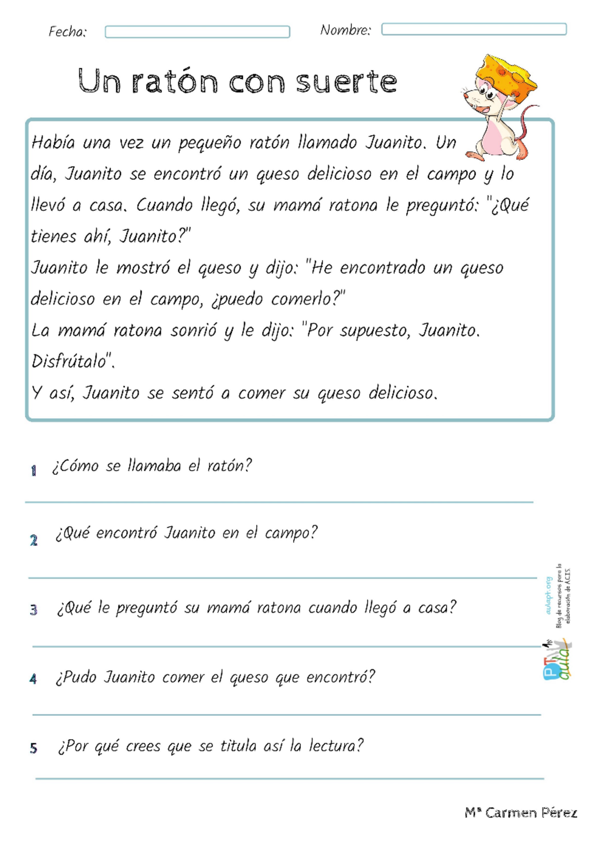 Lecturas Comprensivas 2o Primaria - Cuento "Un ratón con suerte" - Studocu