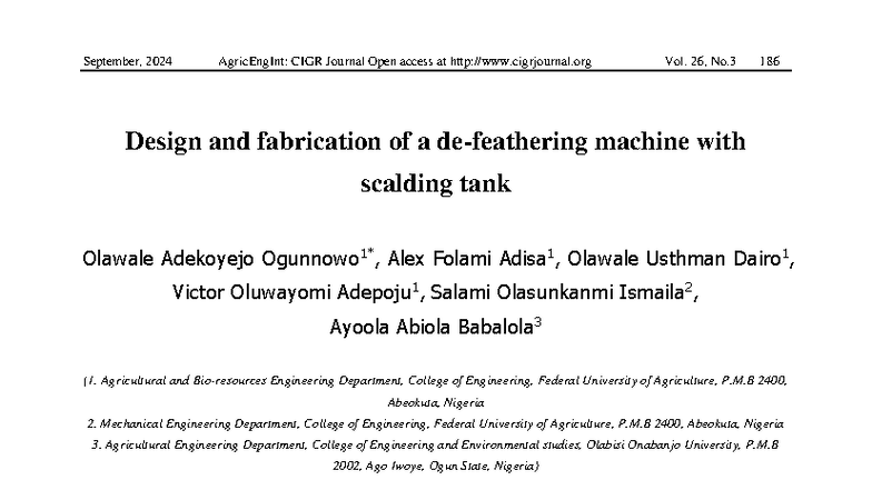 Design and Fabrication of a Poultry Scalding Machine: AgricEngInt Vol ...