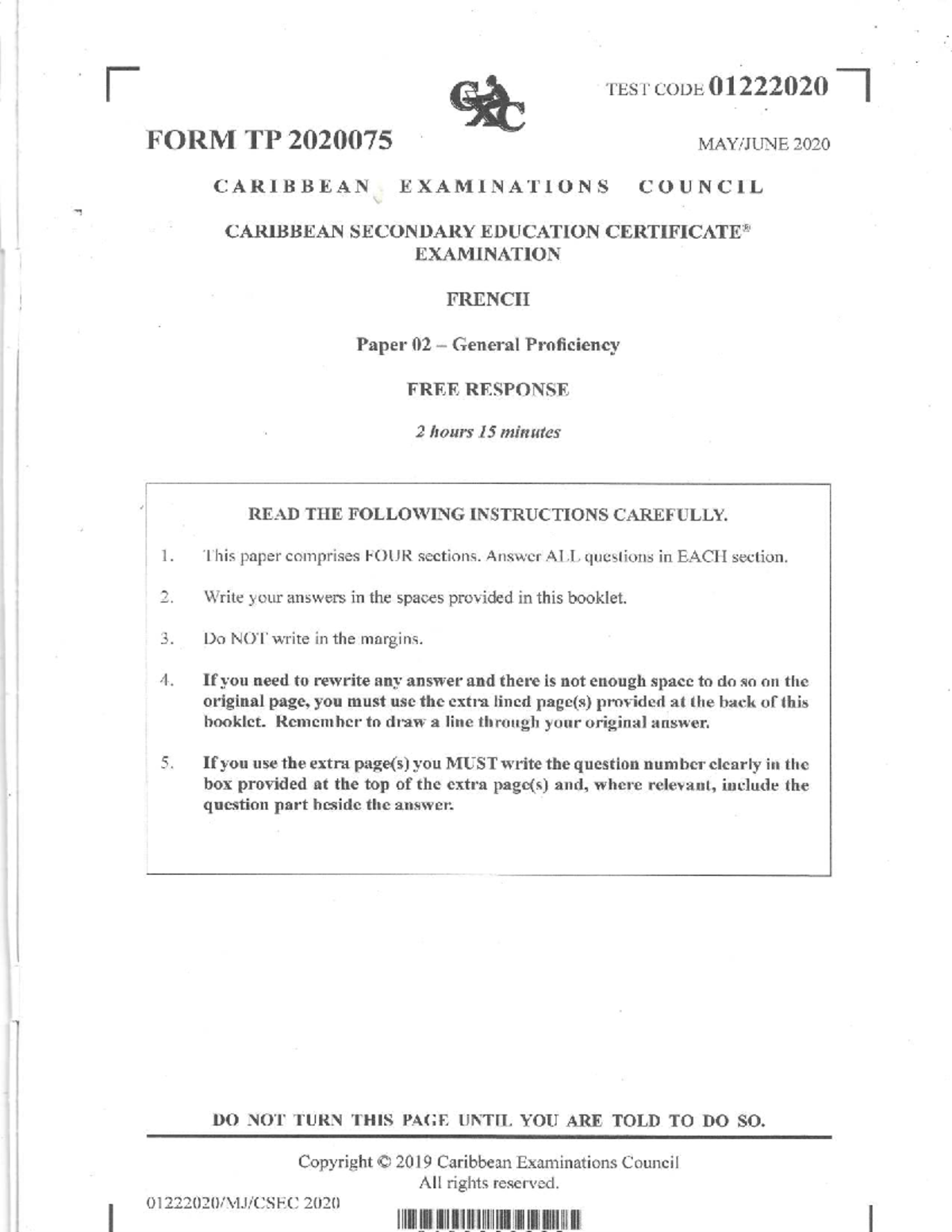 CSEC 2020 French Paper 02 - General Proficiency Exam - Studocu