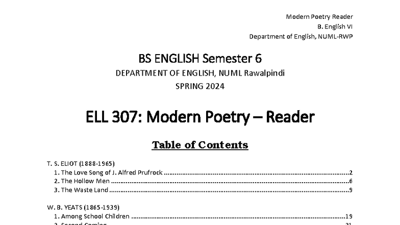 Modern Poetry Reader ELL 307: Poems Analysis & Insights - Studocu