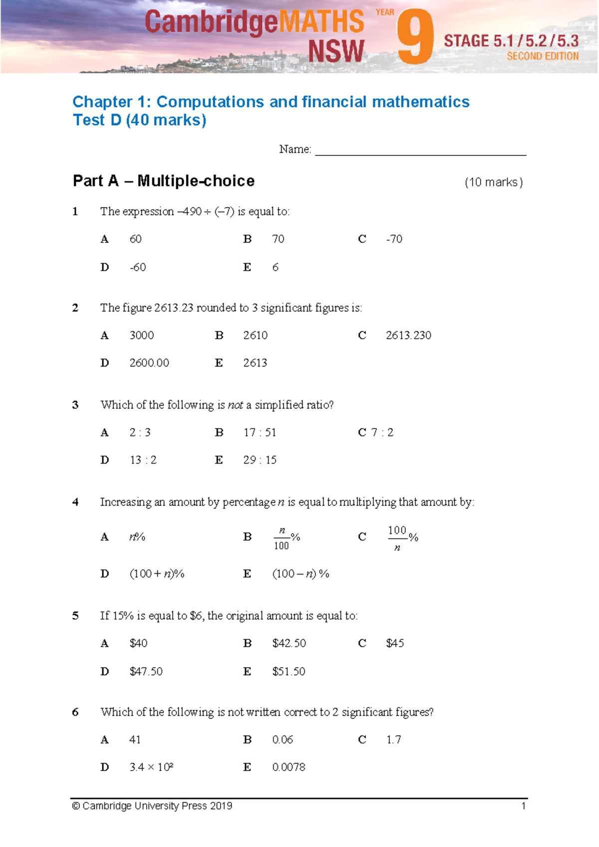 Chapter 1: Computations and financial mathematics Test D (40 marks ...