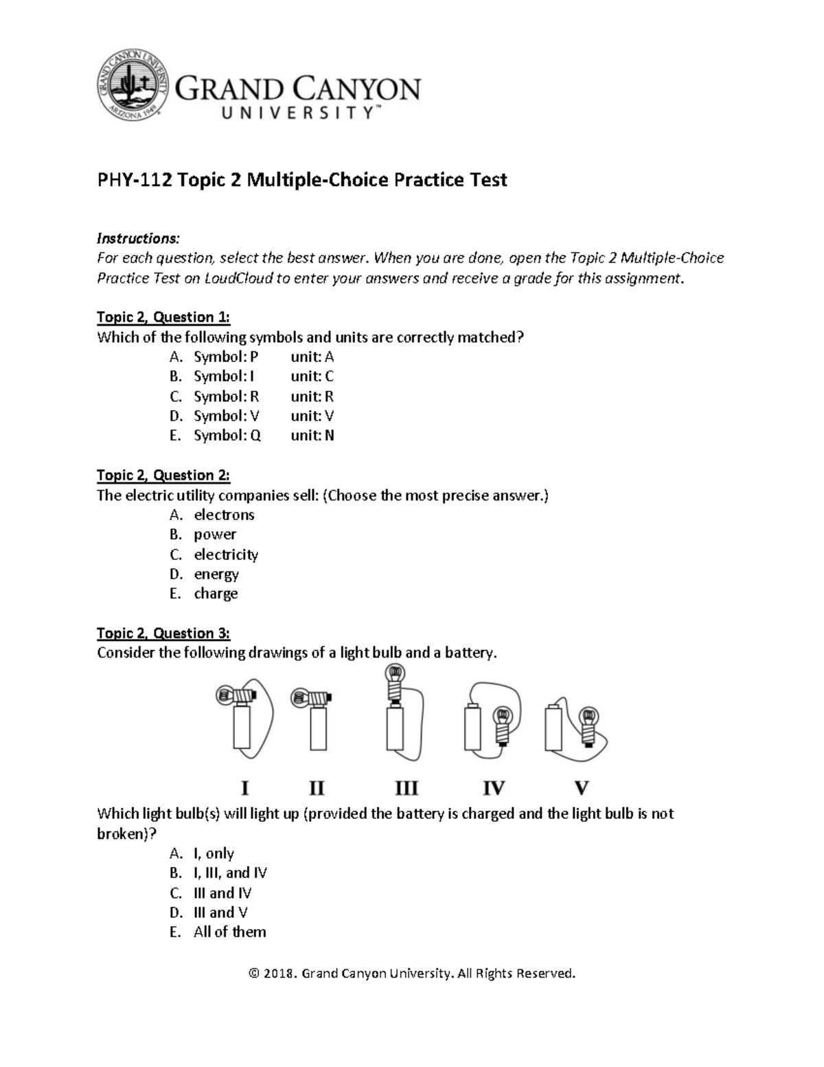 PHY 112 T2 MC Practice Test for Electricity and Power Concepts - Studocu