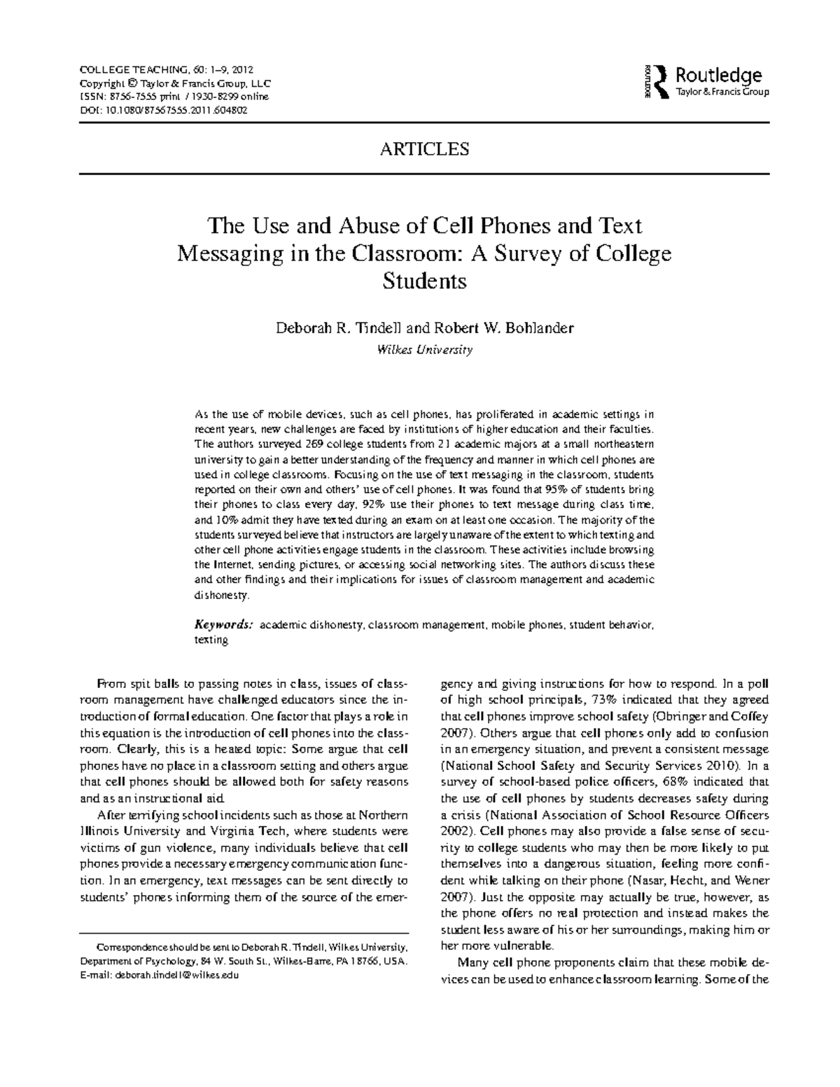 The Use and Abuse of Cell Phones in College Classrooms: A Survey Study ...
