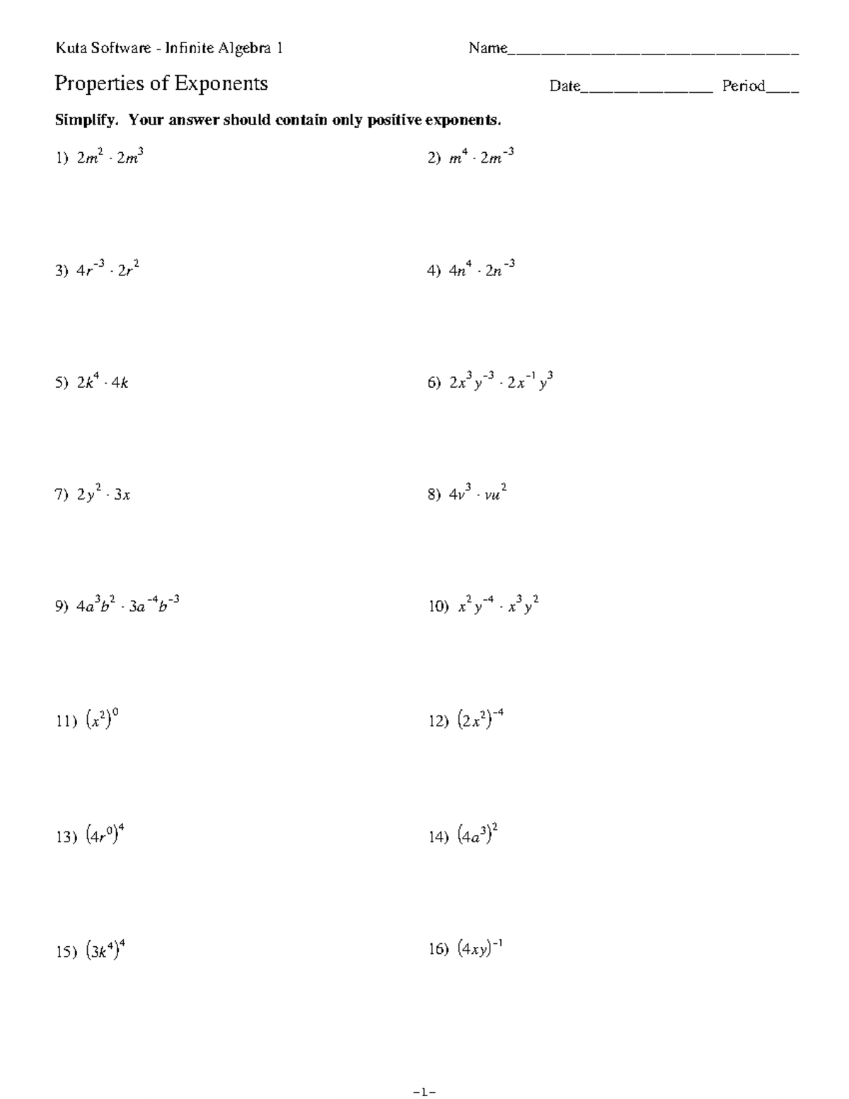 Algebra 1 Worksheet: Properties of Exponents (Kuta Software) - Studocu