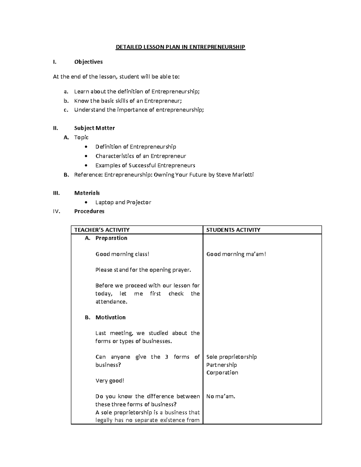 Entrepreneurship Lesson Plan: Key Concepts & Skills Overview - Studocu
