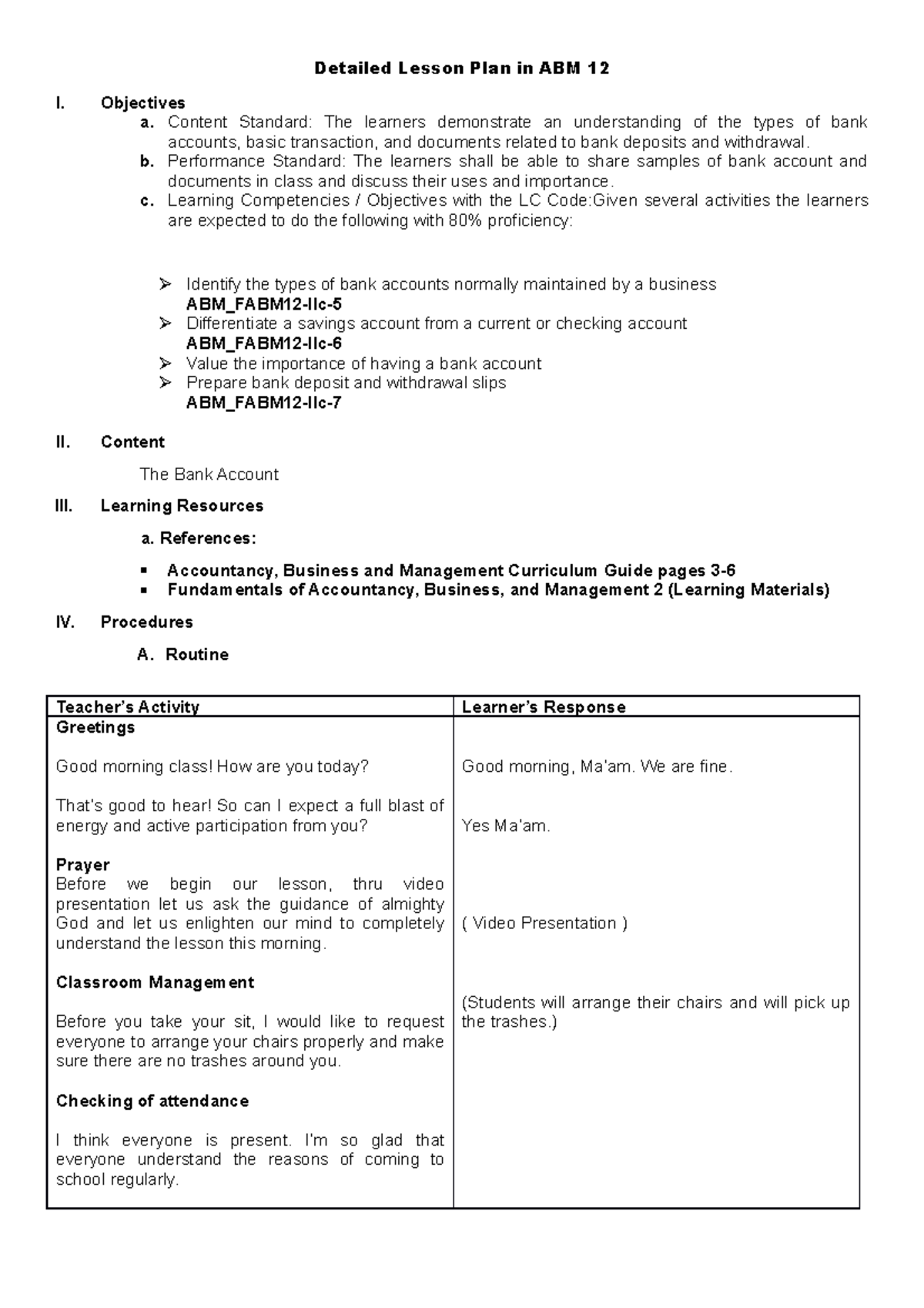 ABM 12 Detailed Lesson Plan: Understanding Bank Accounts and ...