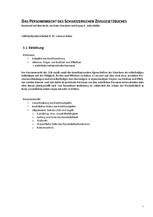 Personenrecht Zusammenfassung - Personenrecht des Schweizerischen ZGB ...