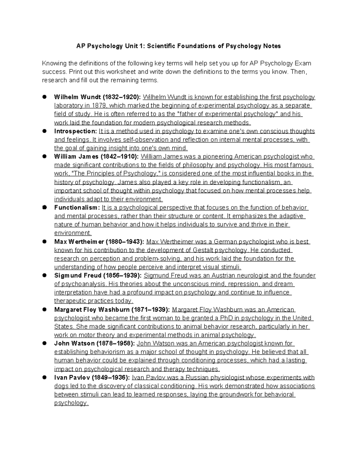 AP Psychology Unit 1: Foundations & Key Terms Study Notes - Studocu